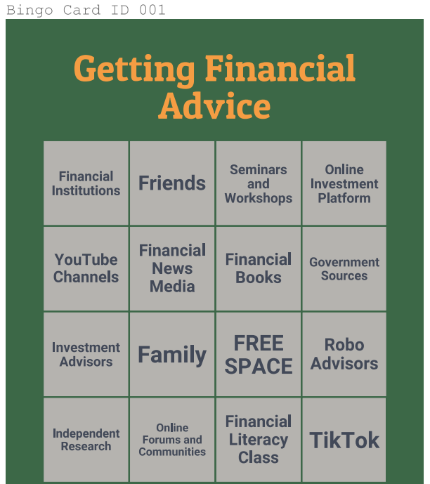 Activity: Bingo "Getting Financial Advice" | Resource Bank