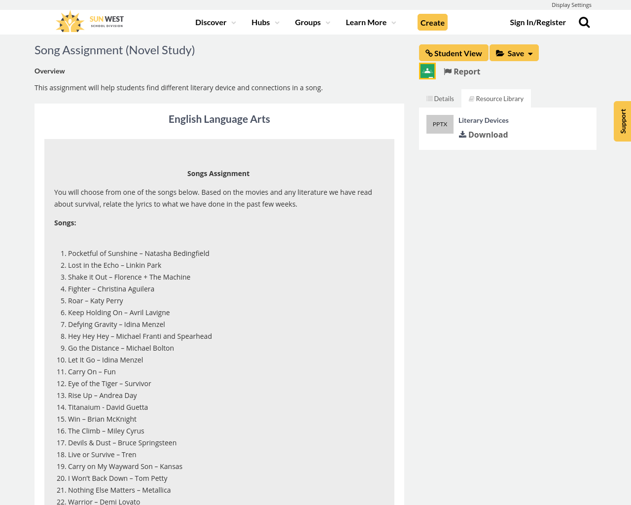 Song Assignment (Novel Study) | Resource Bank