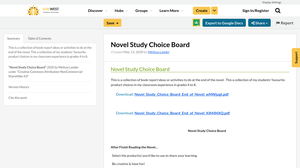 Novel Study Choice Board | Resource Bank
