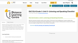 DLC ELA Grade 1: Unit 5- Listening and Speaking Checklist | Resource Bank