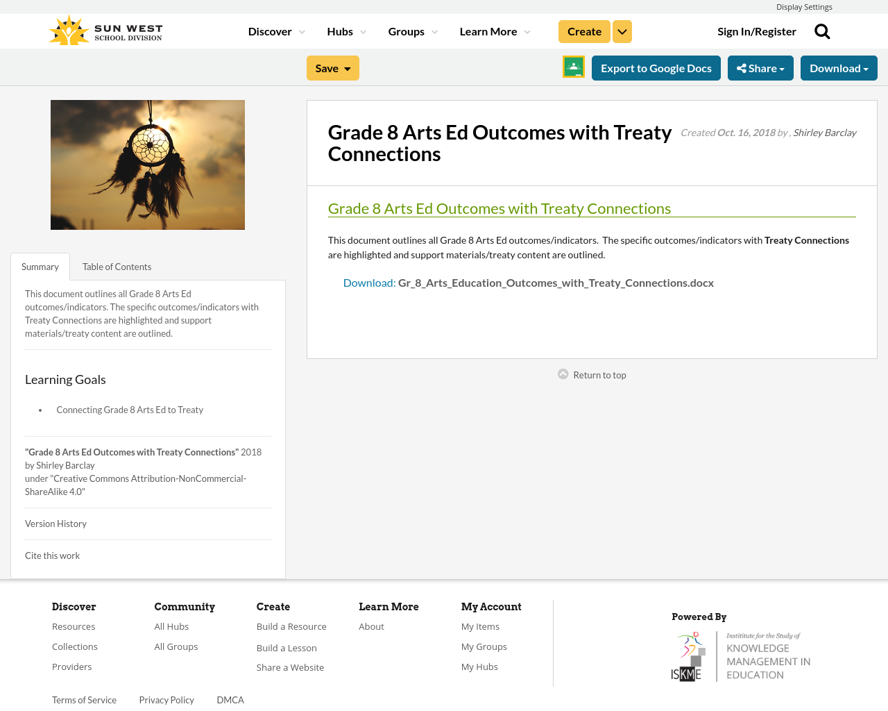Grade 8 Arts Ed Outcomes with Treaty Connections | Resource Bank
