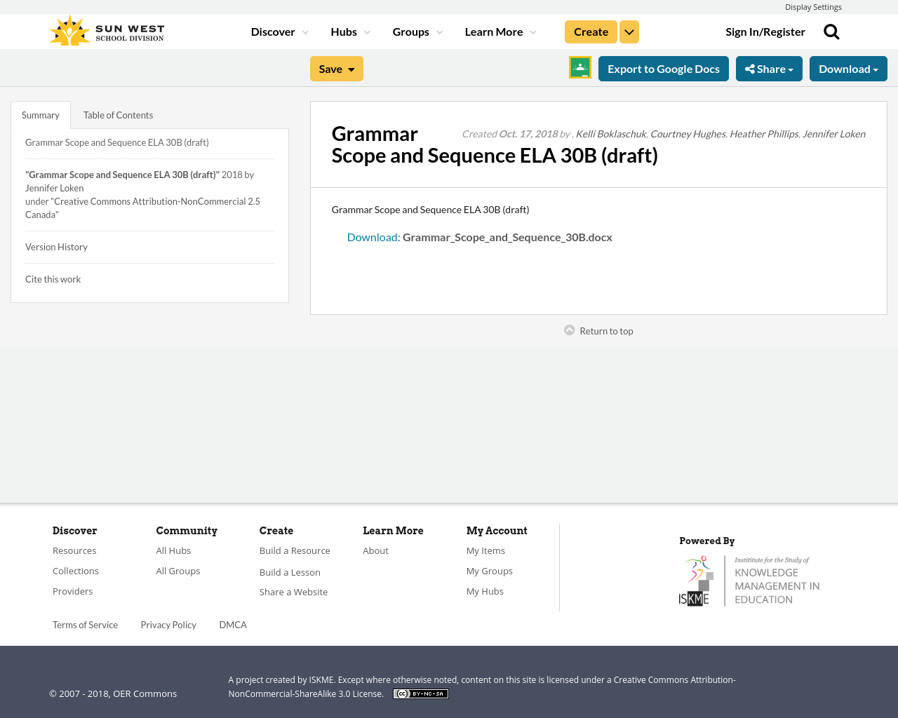 Grammar Scope and Sequence ELA 30B (draft) | Resource Bank