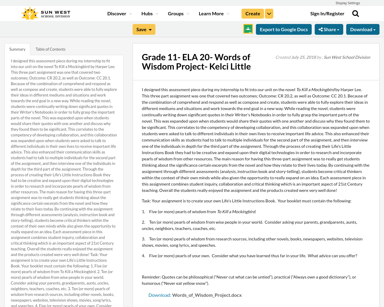 Grade 11- ELA 20- Words of Wisdom Project- Kelci Little | Resource Bank