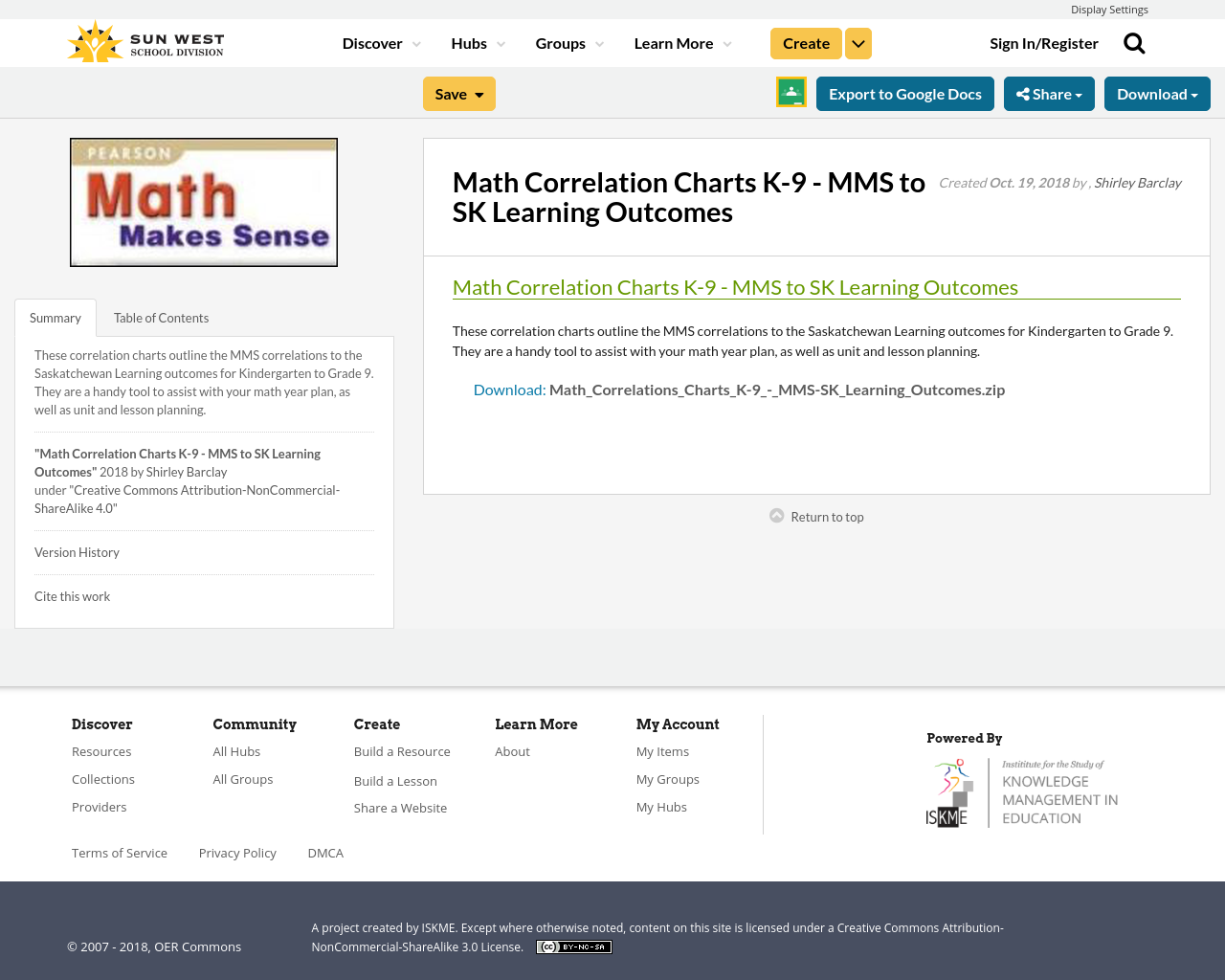 Math Correlation Charts K-9 - MMS to SK Learning Outcomes | Resource Bank