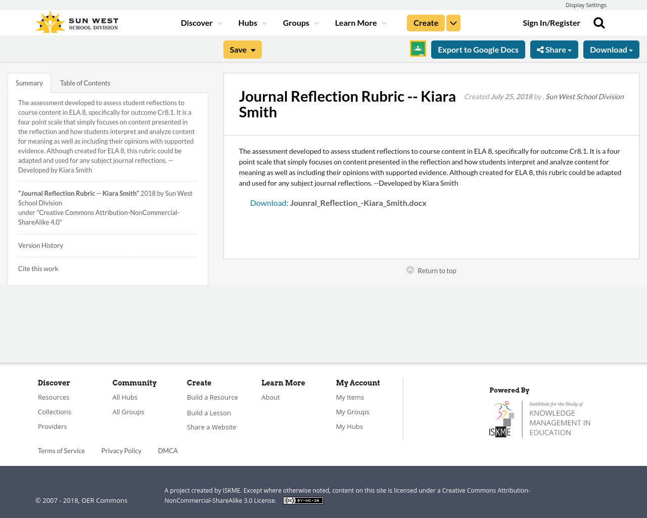 Journal Reflection Rubric -- Kiara Smith | Resource Bank