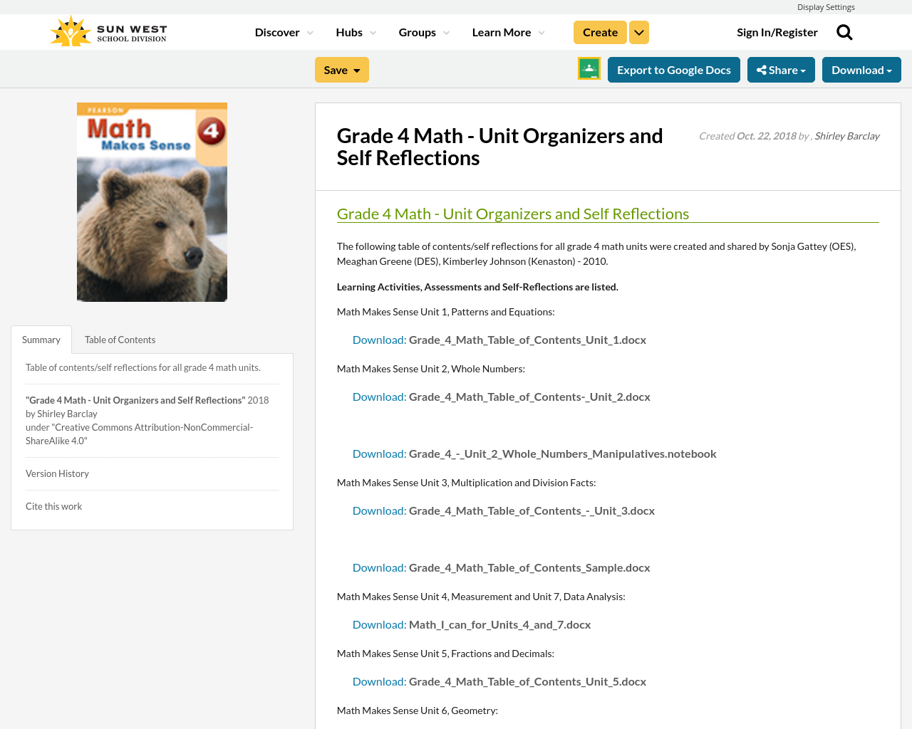 Grade 4 Math - Unit Organizers and Self Reflections | Resource Bank