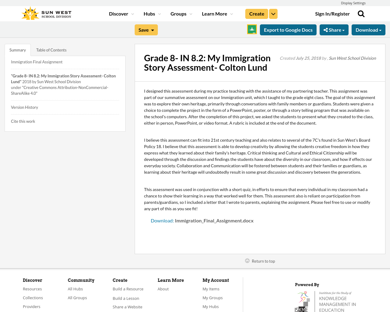 Grade 8- IN 8.2: My Immigration Story Assessment- Colton Lund ...