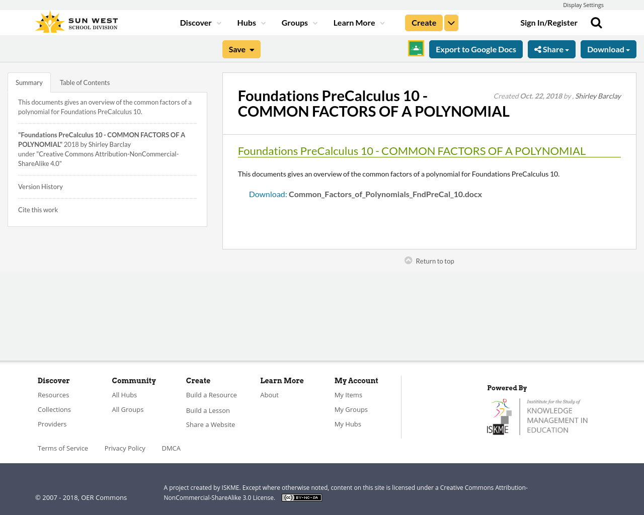 Foundations PreCalculus 10 - COMMON FACTORS OF A POLYNOMIAL | Resource Bank