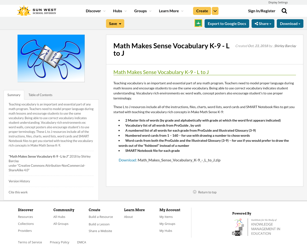 Math Makes Sense Vocabulary K-9 - L to J | Resource Bank