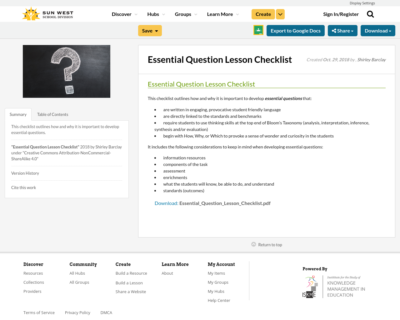 Essential Question Lesson Checklist | Resource Bank