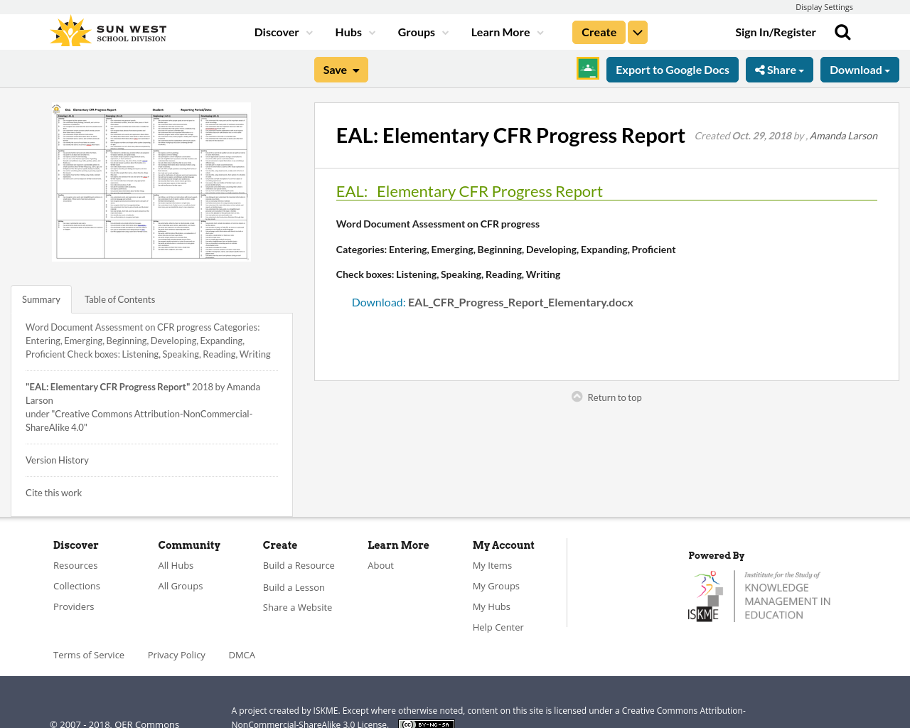 EAL: Elementary CFR Progress Report | Resource Bank