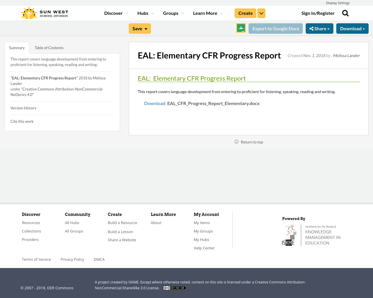 EAL: Elementary CFR Progress Report | Resource Bank
