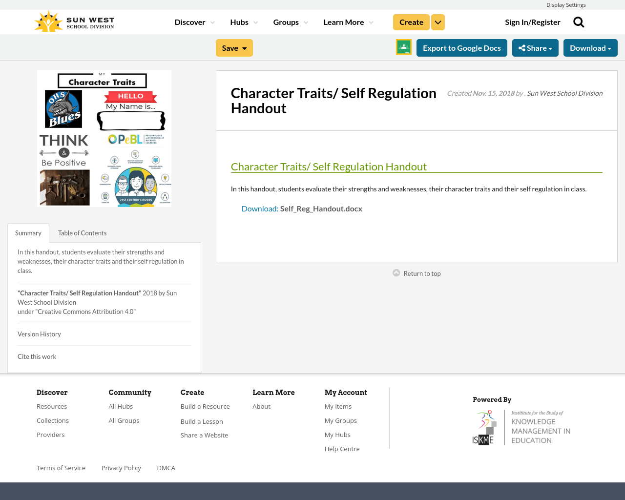 Character Traits Self Regulation Handout Resource Bank