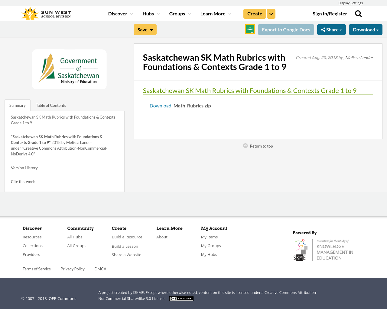 Saskatchewan SK Math Rubrics with Foundations & Contexts Grade 1 to 9 ...