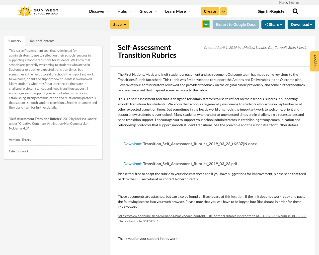 Self-Assessment Transition Rubrics | Resource Bank