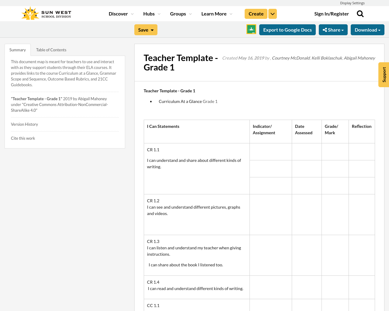 Teacher Template - Grade 1 | Resource Bank