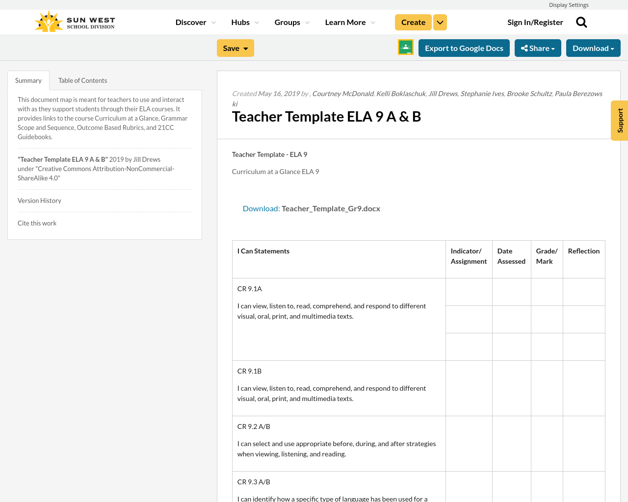 Teacher Template ELA 9 A & B | Resource Bank