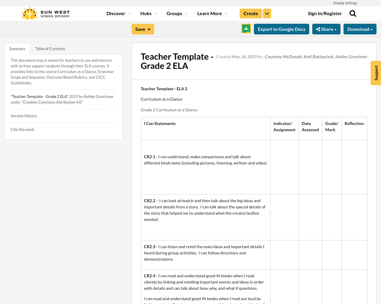 Teacher Template - Grade 2 ELA | Resource Bank