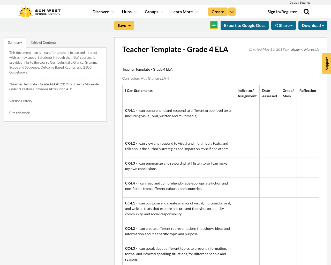 Teacher Template - Grade 4 ELA | Resource Bank