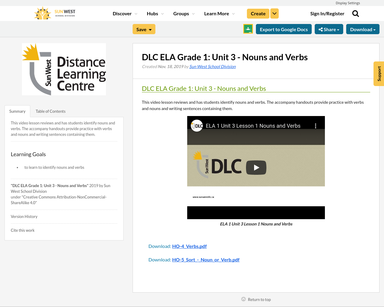 DLC ELA Grade 1: Unit 3 - Nouns and Verbs | Resource Bank