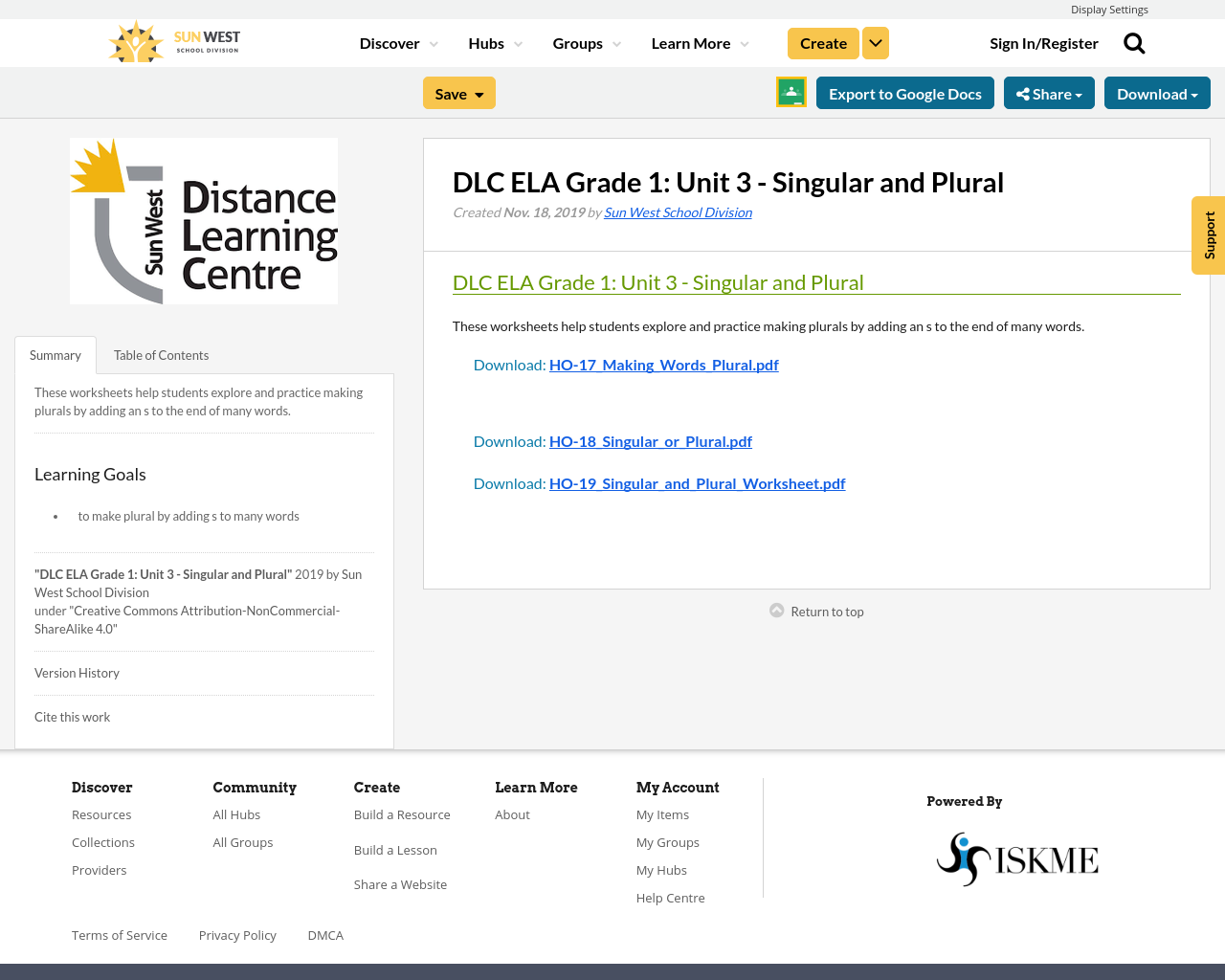 DLC ELA Grade 1: Unit 3 - Singular and Plural | Resource Bank