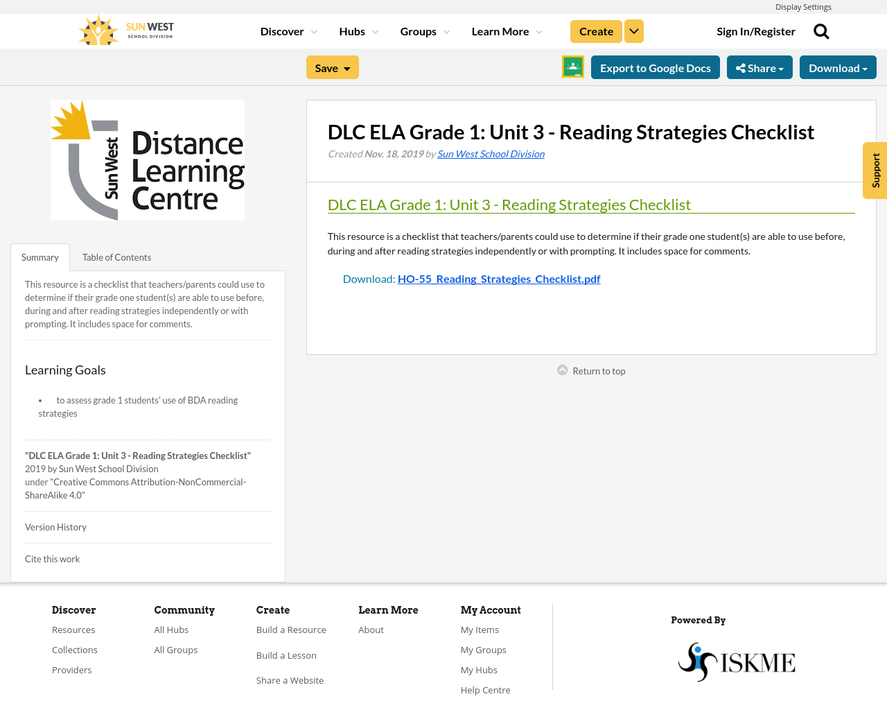 DLC ELA Grade 1: Unit 3 - Reading Strategies Checklist | Resource Bank