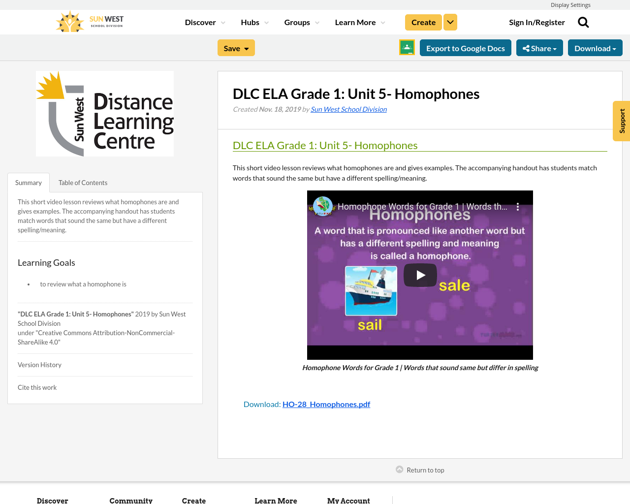 DLC ELA Grade 1: Unit 5- Homophones | Resource Bank