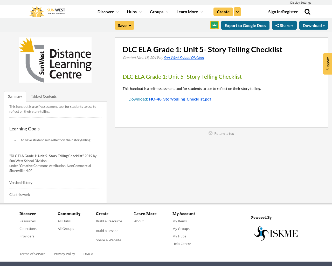 DLC ELA Grade 1: Unit 5- Story Telling Checklist | Resource Bank