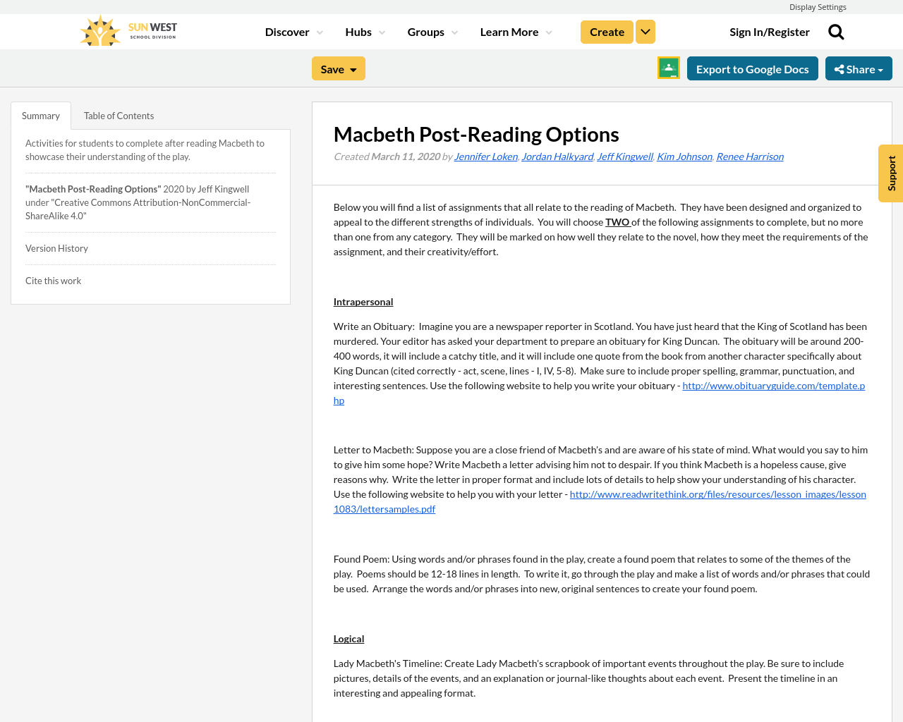 Macbeth Post-Reading Options | Resource Bank