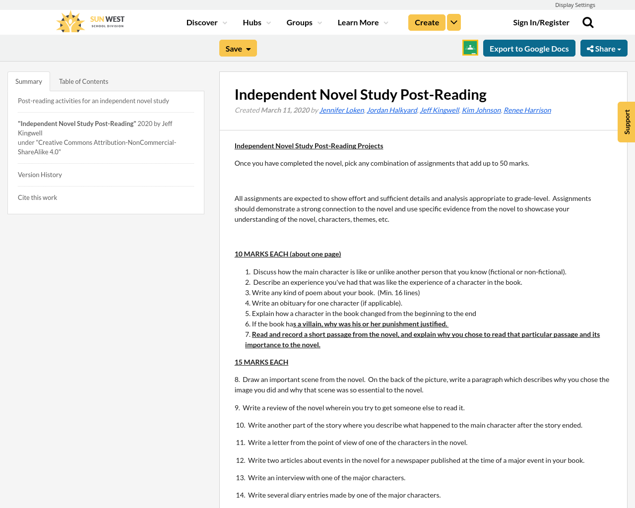 Independent Novel Study Post-Reading | Resource Bank