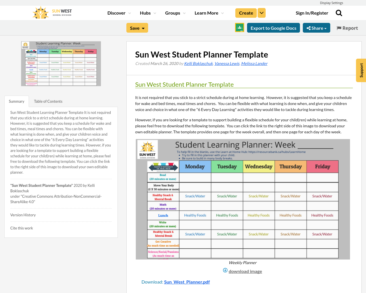 Sun West Student Planner Template & Exemplar | Resource Bank