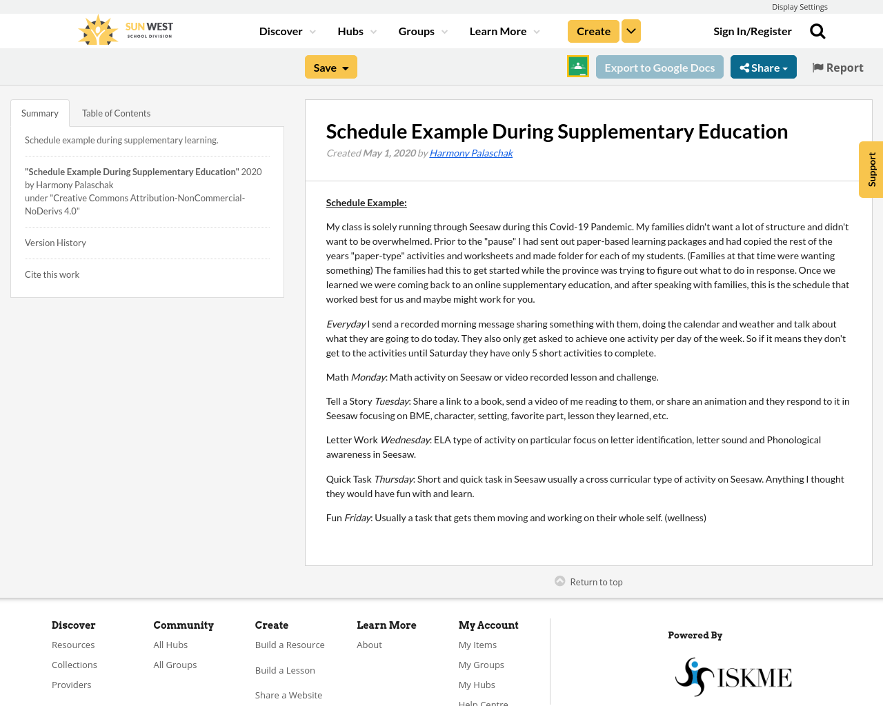Schedule Example During Supplementary Education | Resource Bank