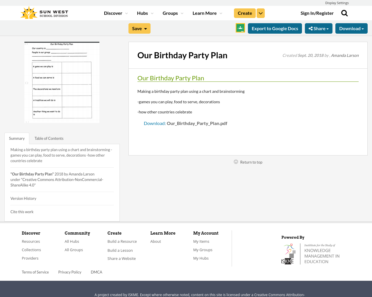 Our Birthday Party Plan | Resource Bank