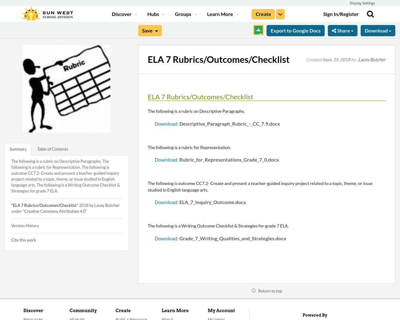 ELA 7 Rubrics/Outcomes/Checklist | Resource Bank