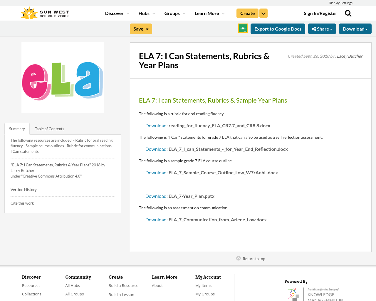 ELA 7: I Can Statements, Rubrics & Year Plans | Resource Bank