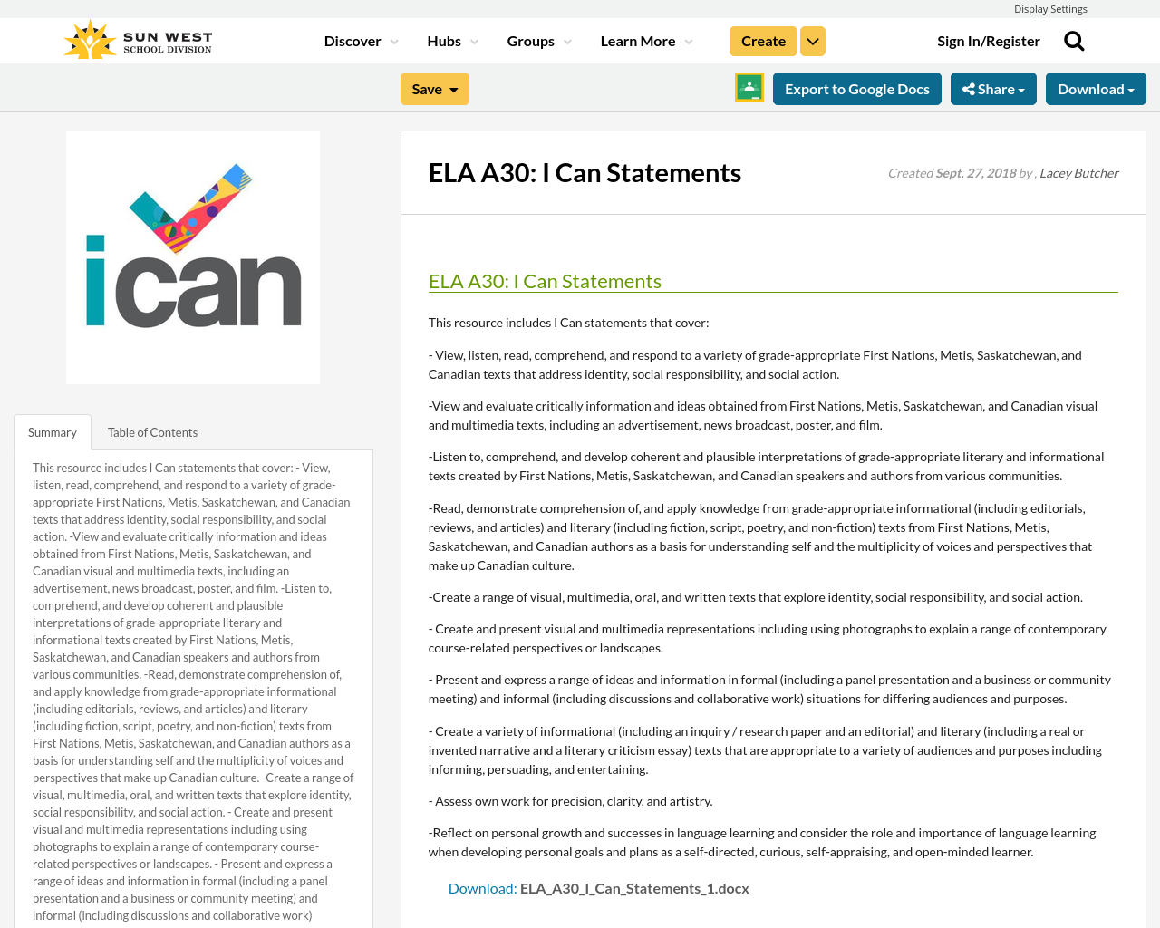 ELA A30: I Can Statements | Resource Bank