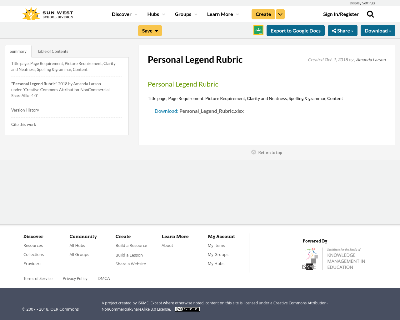 Personal Legend Rubric | Resource Bank